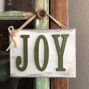 Rustic Joy Sign, Rustic Holiday Decor, Small Hanging Wood Sign, Green & White, Christmas Decor ...