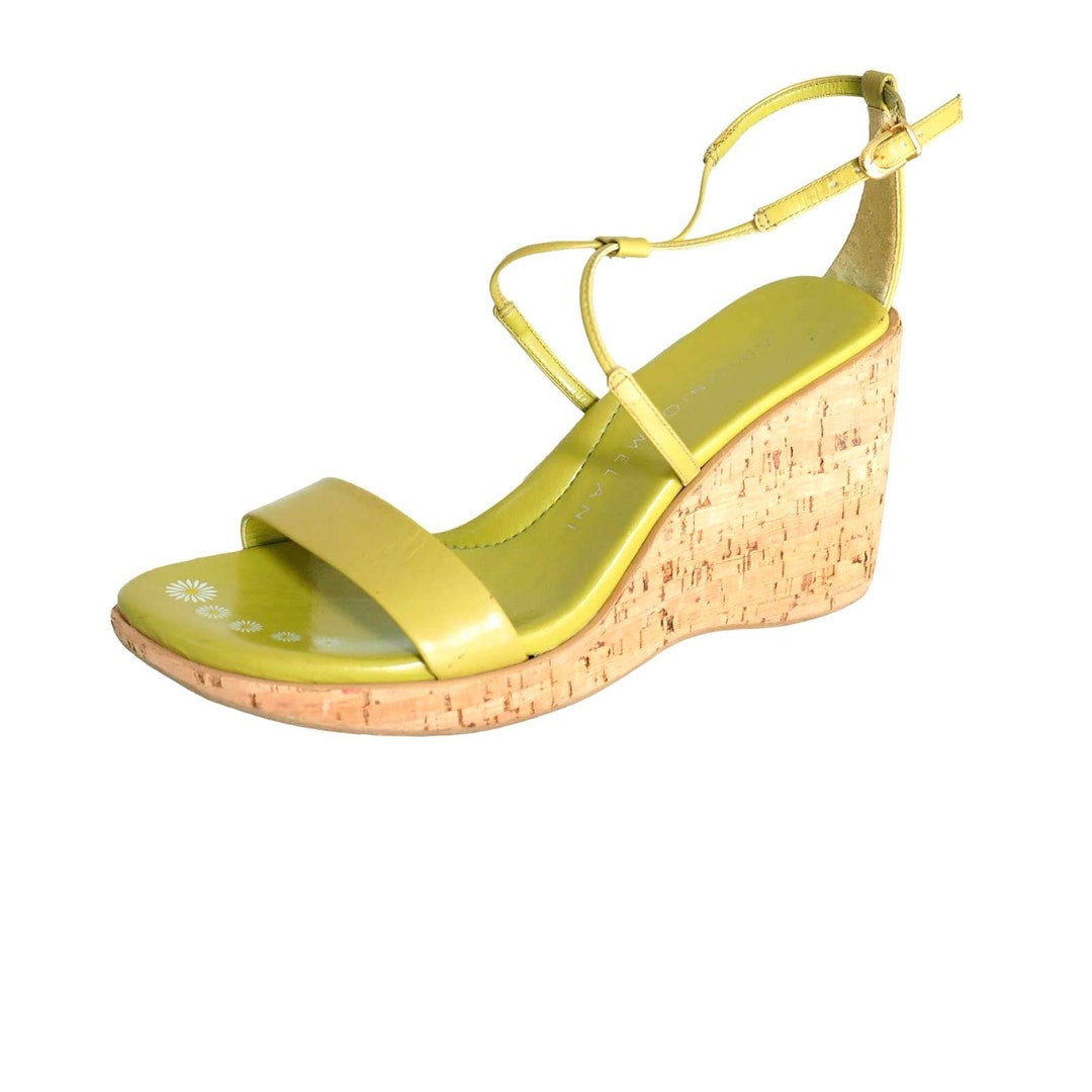 Y2k Antonio Melani Vintage Green Strappy Cork Wedges Preppy Mod Size 6. ...