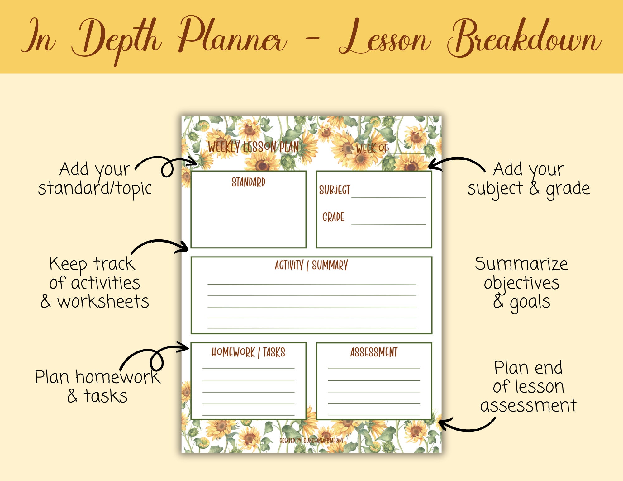 Sunflower Weekly Lesson Planner, Sunflower Teacher Planner, Teacher ...