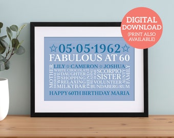 60th Birthday Gift,60th Word Art,word Cloud Gift,personalised A4 Word ...