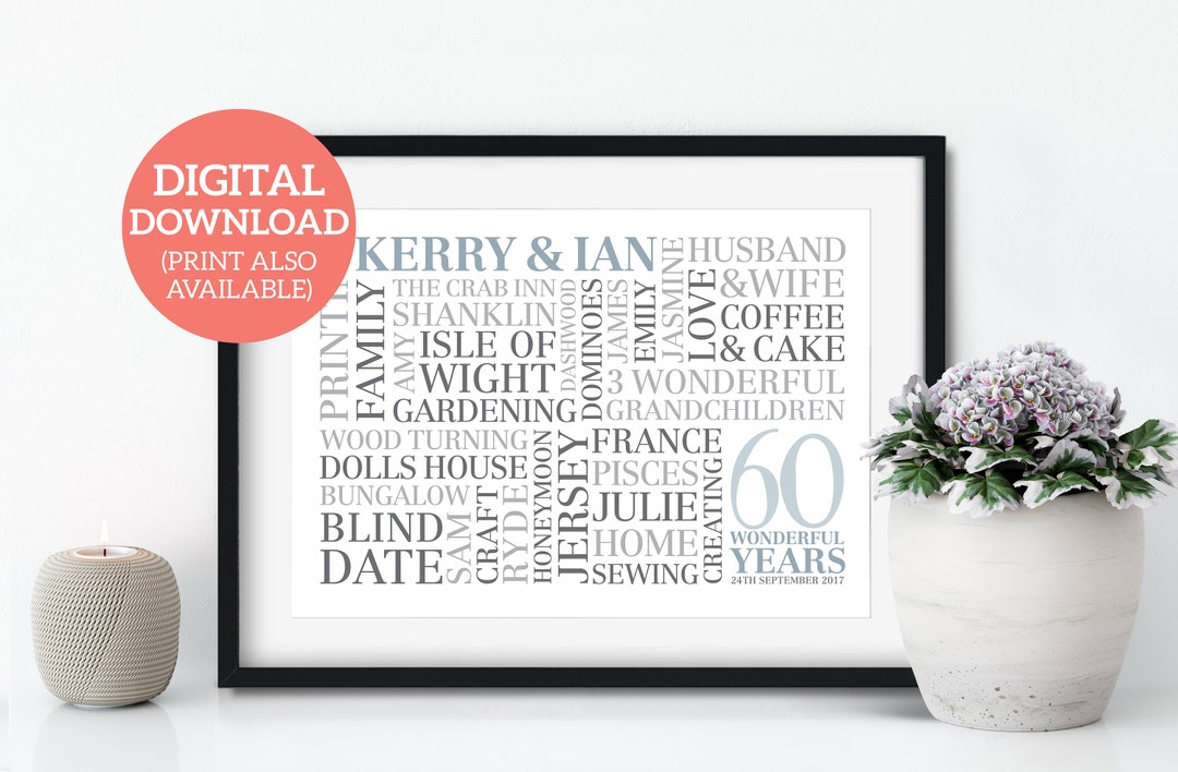 Diamond Anniversary Word Art - 60 Years - Personalised Word Cloud ...
