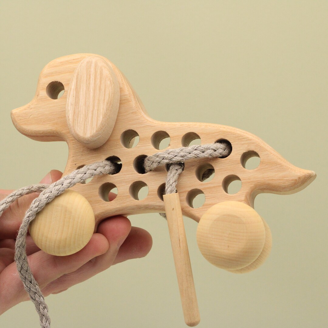 Wooden Handmade Threading Toy Dog on Wheels: Fine Motor Skills ...