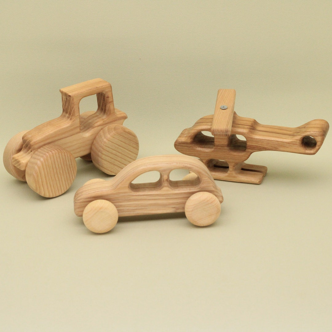 Handmade Organic Wooden Vehicle Set: Ash Wood Tractor, Helicopter, Car ...