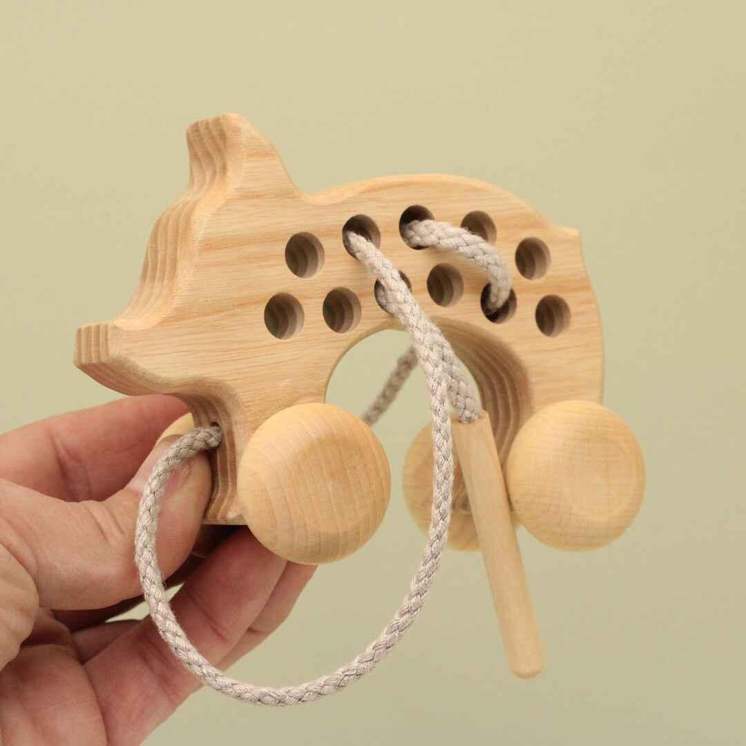 Wooden Handmade Threading Toy Piglet on Wheels Fine Motor Skills ...