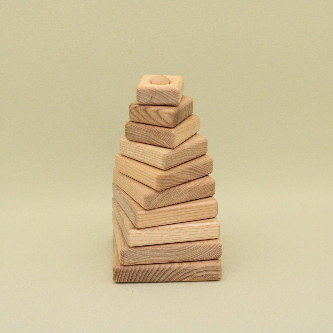 Educational Handmade Natural Square Wooden Stacking Pyramid Montessori ...