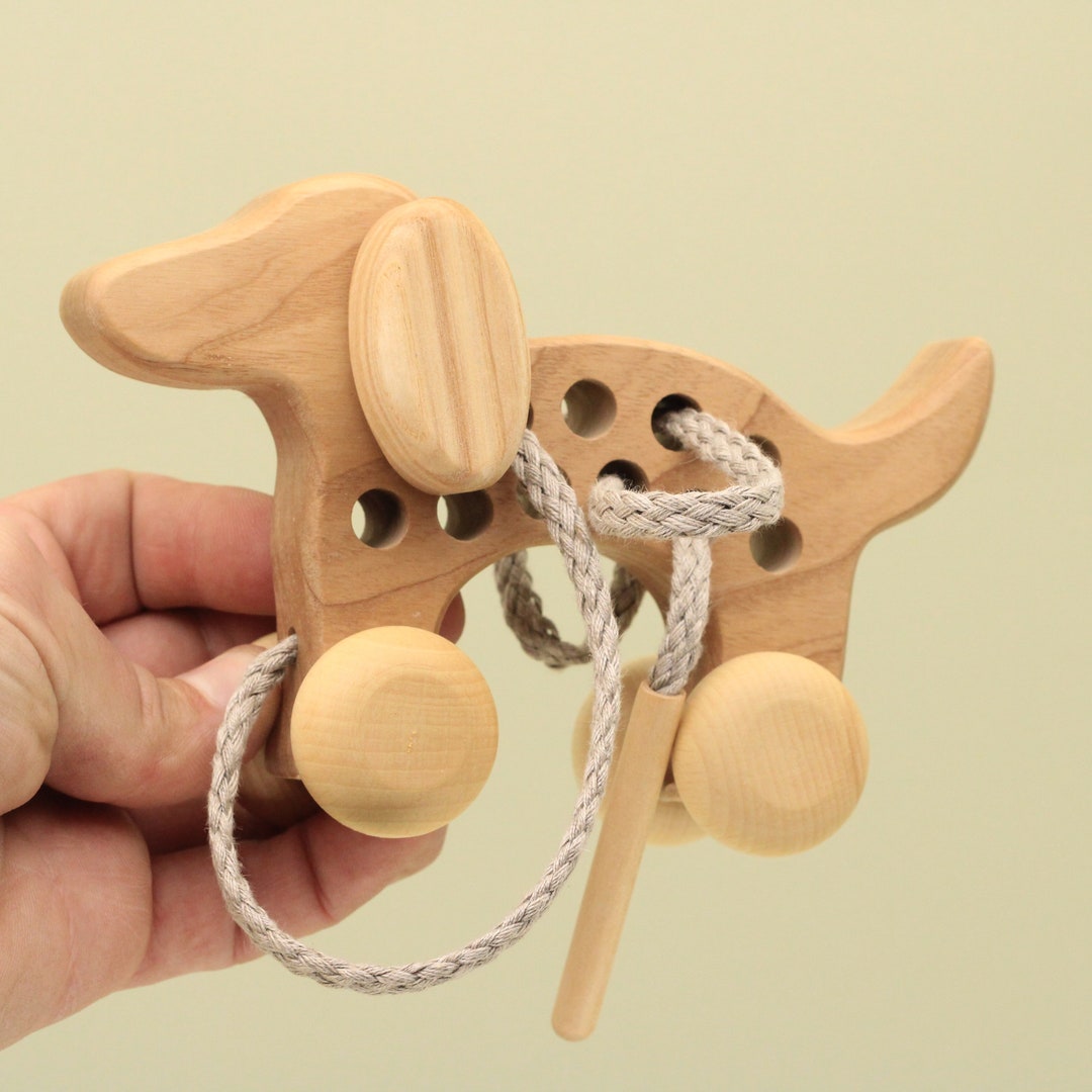 Wooden Handmade Threading Toy Dog on Wheels: Fine Motor Skills ...