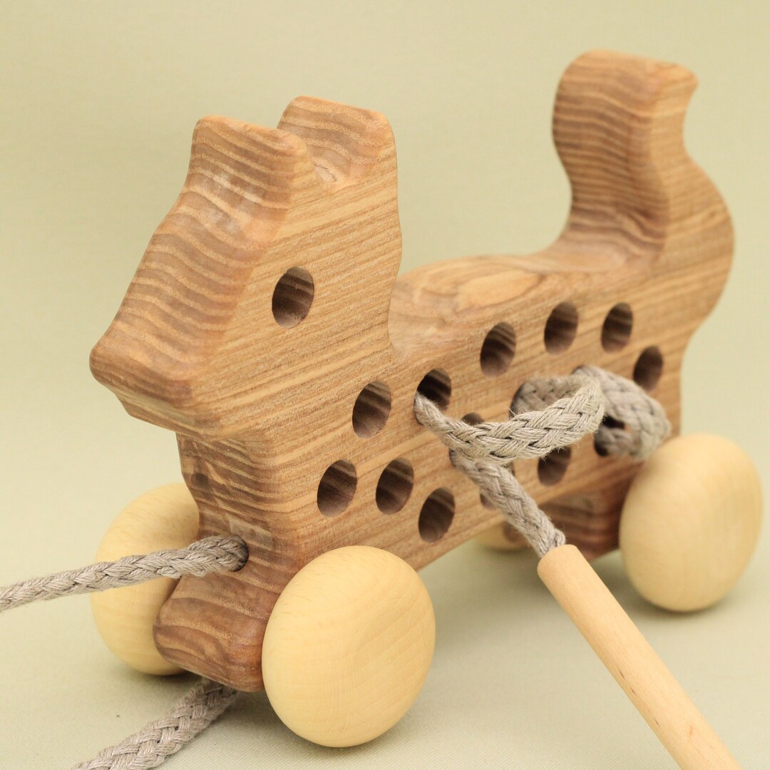Handmade Wooden Threading Toy Cat on Wheels: Fine Motor Skills ...