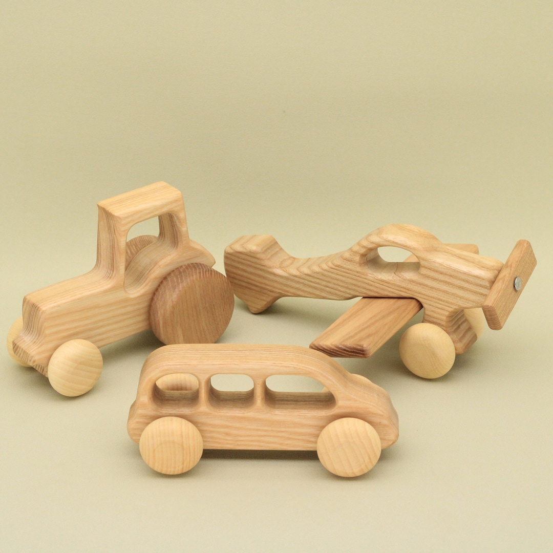Set of 3 Handmade Organic Wooden Vehicles: Tractor, Airplane, and Car ...