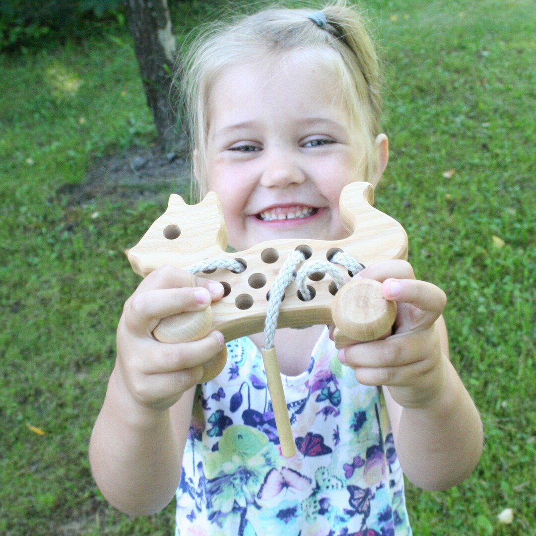 Wooden Threading Lacing Pull Toys Cat Car Natural Solid Ash - Etsy