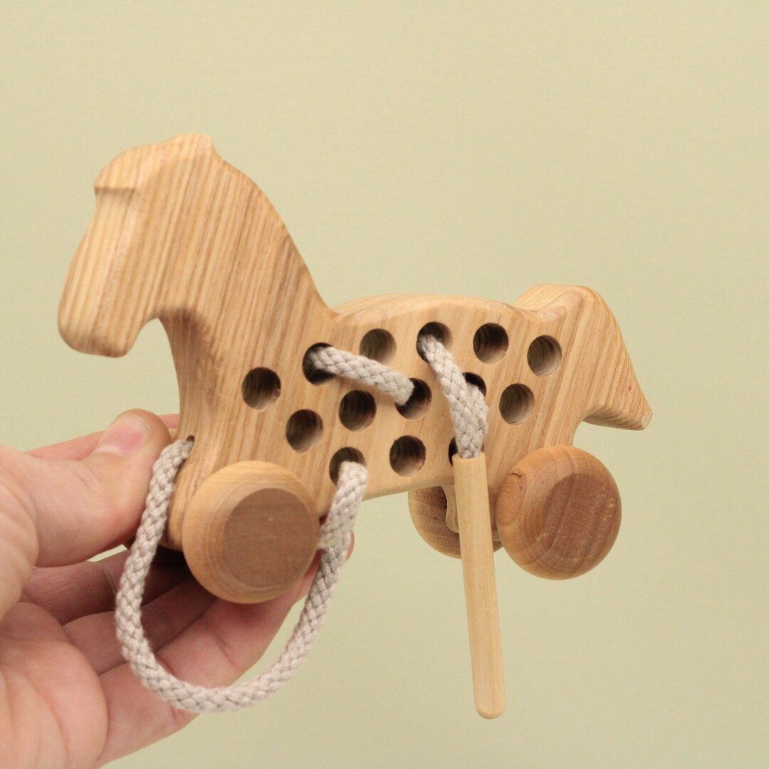 Handmade Wooden Threading Toy Horse on Wheels: Fine Motor Skills ...