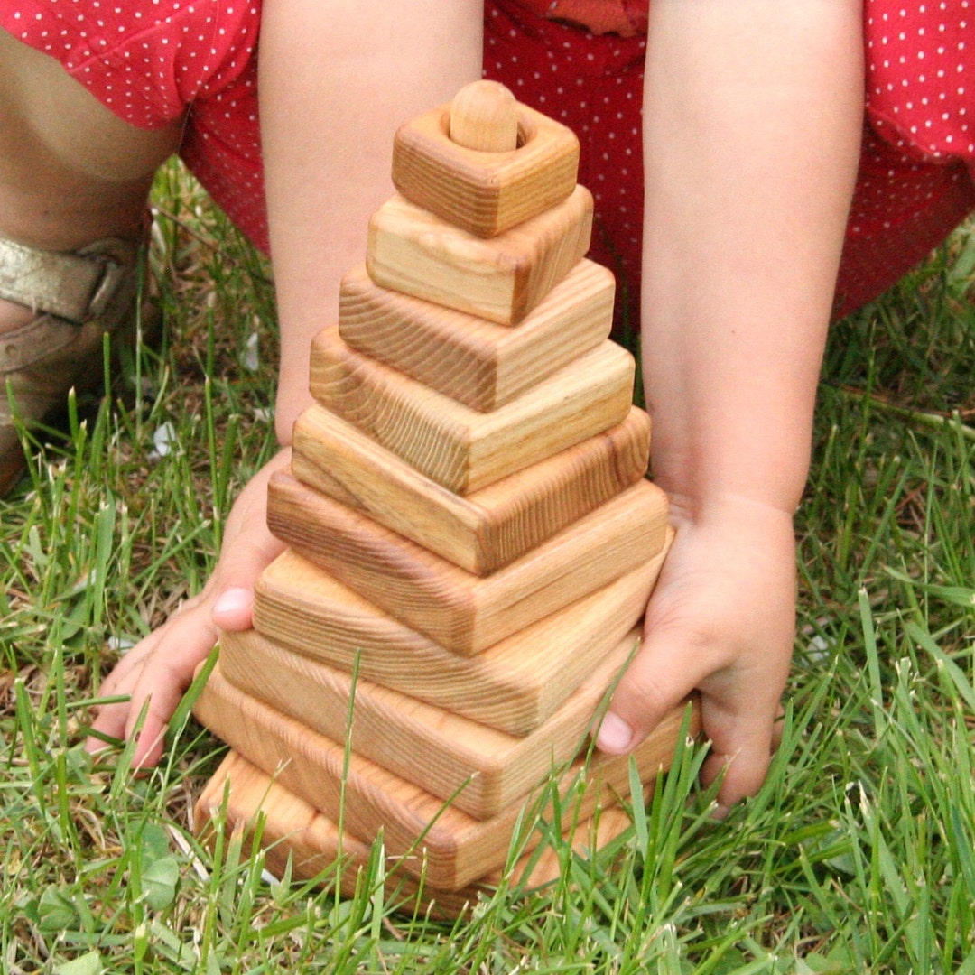 Educational Handmade Natural Square Wooden Stacking Pyramid Montessori ...
