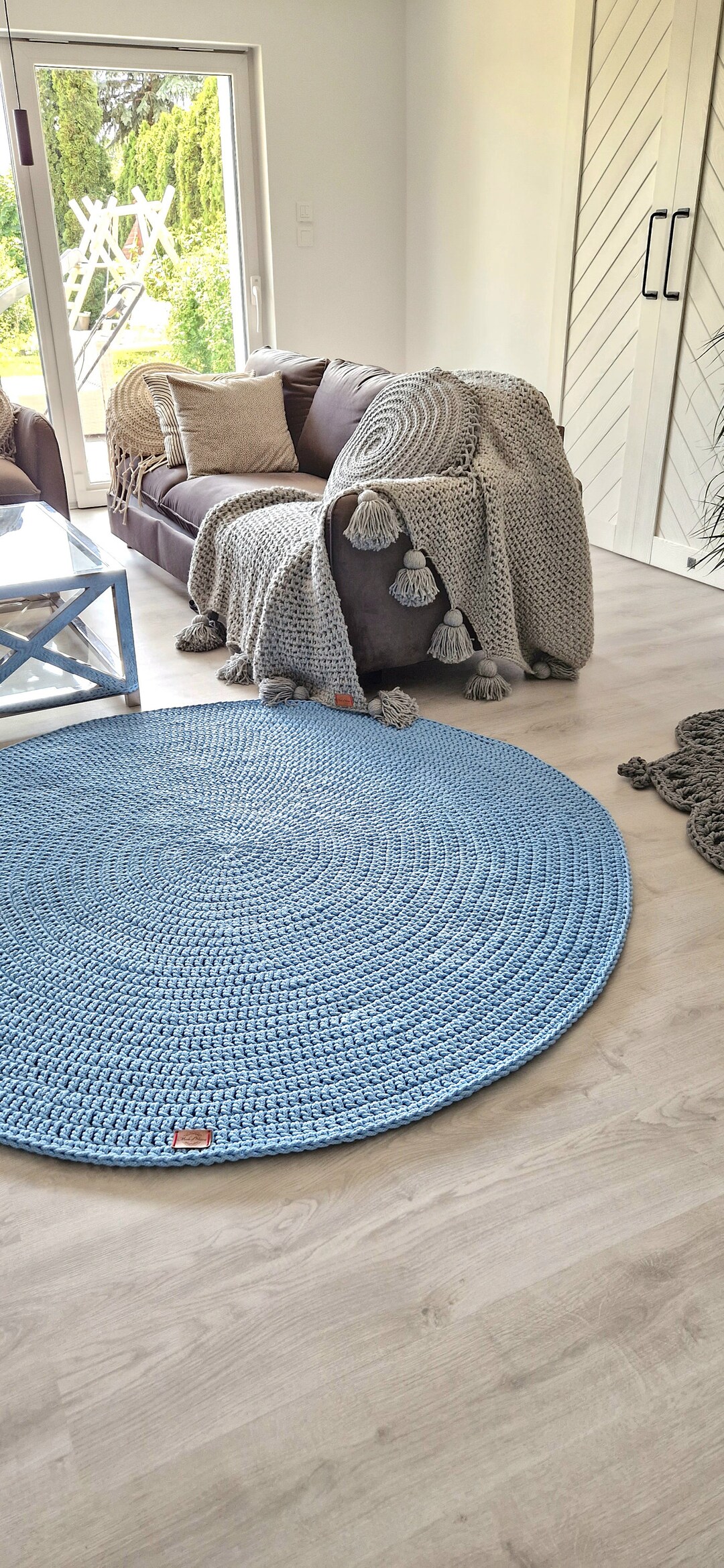 Handmade Crochet Light Blue Round Rug, Neutral Decor Round Rug, Area ...