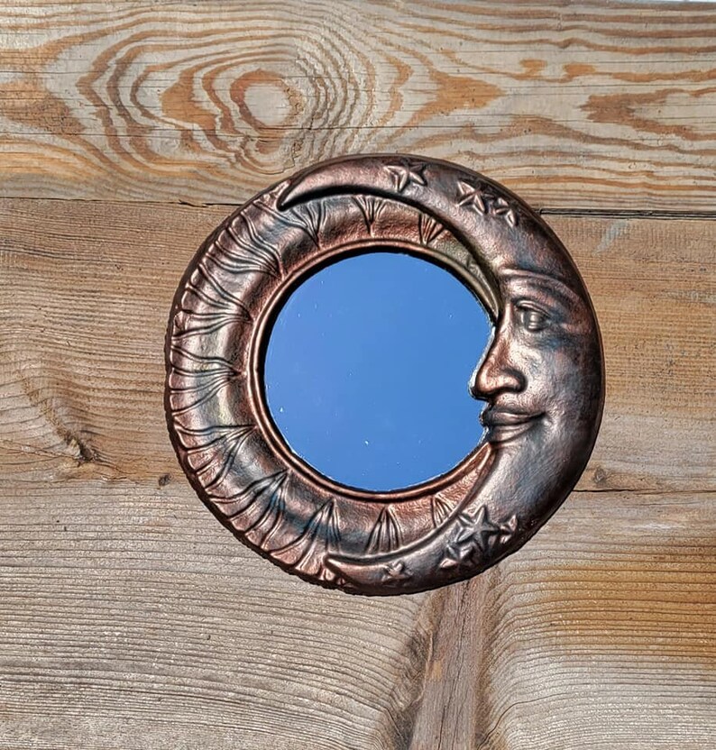 Hand Cast Celestial Sun and Moon Mirror, Concrete Patio Decor (9.5 Inch ...