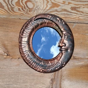 Hand Cast Celestial Sun and Moon Mirror, Concrete Patio Decor (9.5 Inch ...