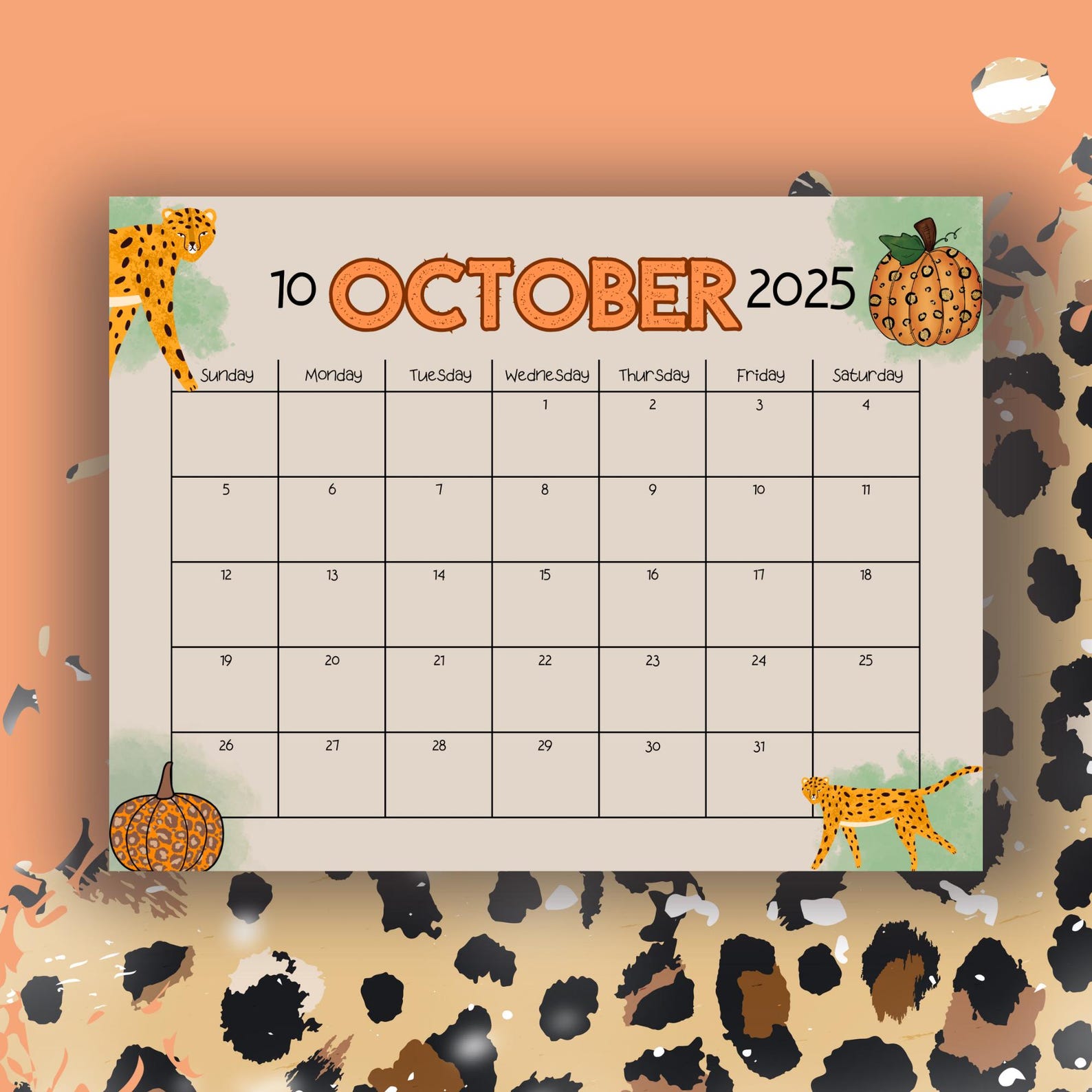 2025 Calendar | Yearly Calendar | 2025 Wall Calendar | Cheetah Print ...