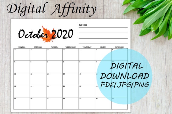 October 2020 Printable Calendar Fall Theme Instant Digital | Etsy