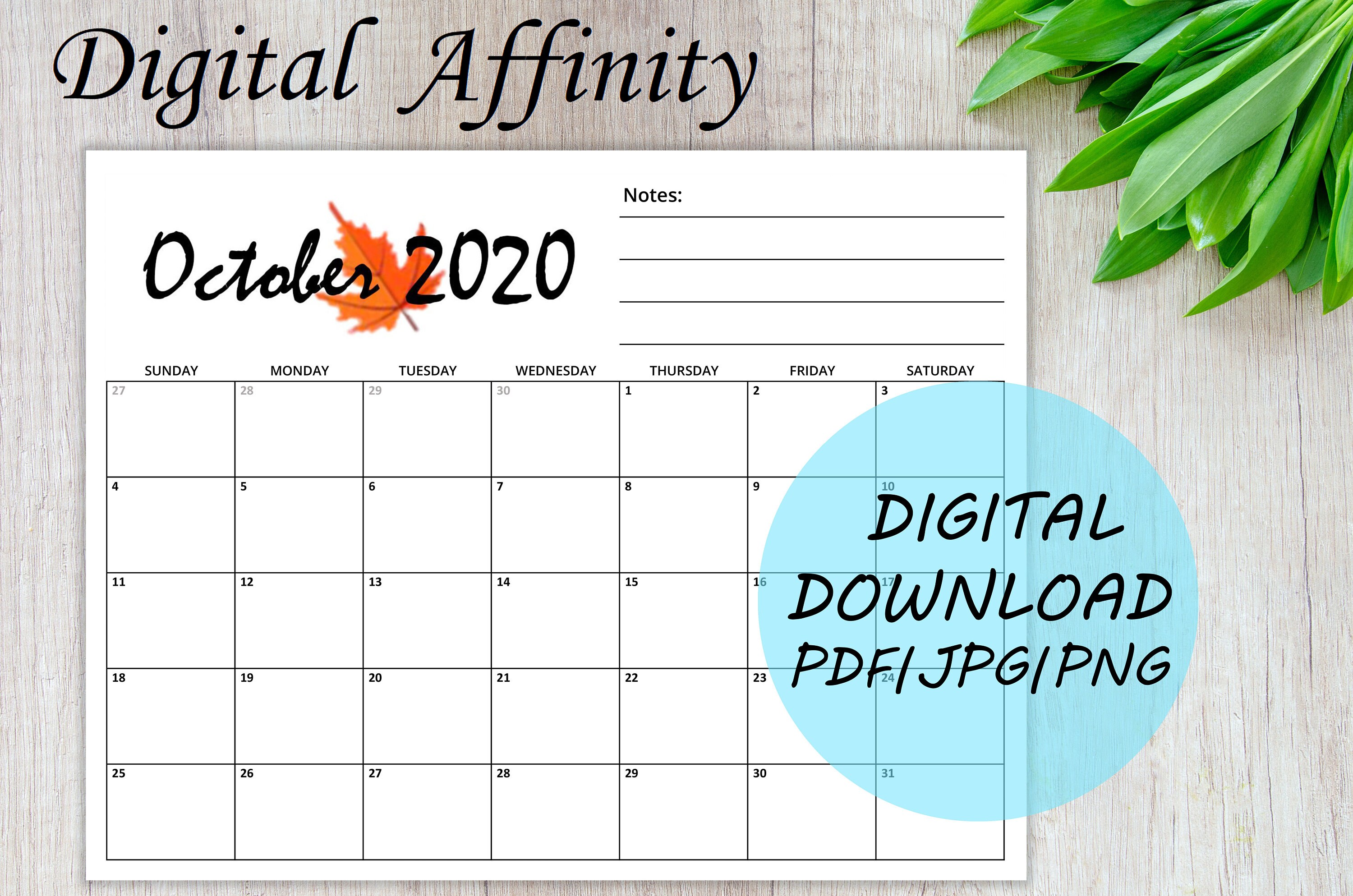 October 2020 Printable Calendar - Fall Theme | Instant Digital Download ...