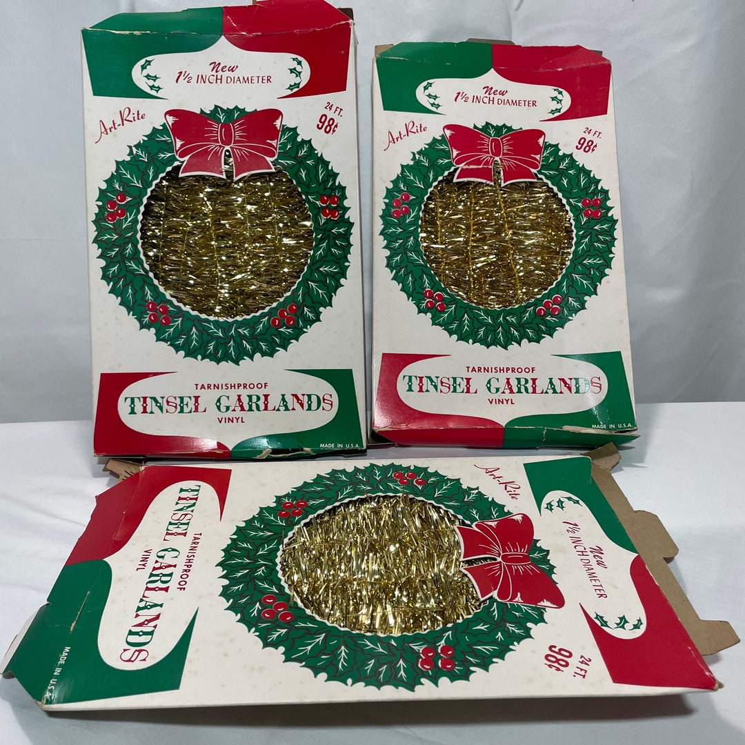 Vintage Christmas Tree Tinsel Garland Gold Skinny 1.5 Inch Round ...