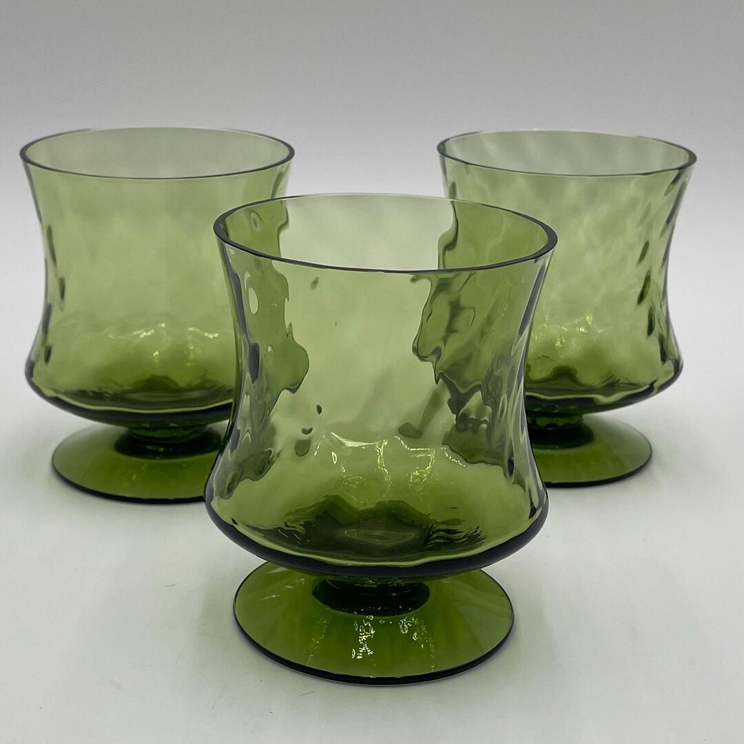 Green Glass Goblets Modern Mid Century Footed Glassware Avocado Olive 3 ...