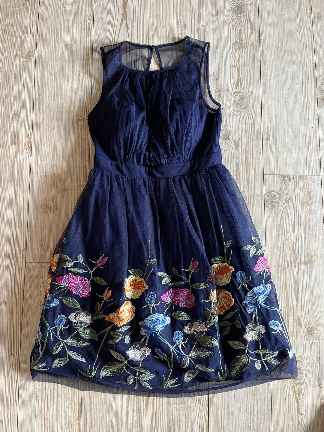Navy Blue Floral Dress, Multi Colored Floral Formal Dress, Size Small ...