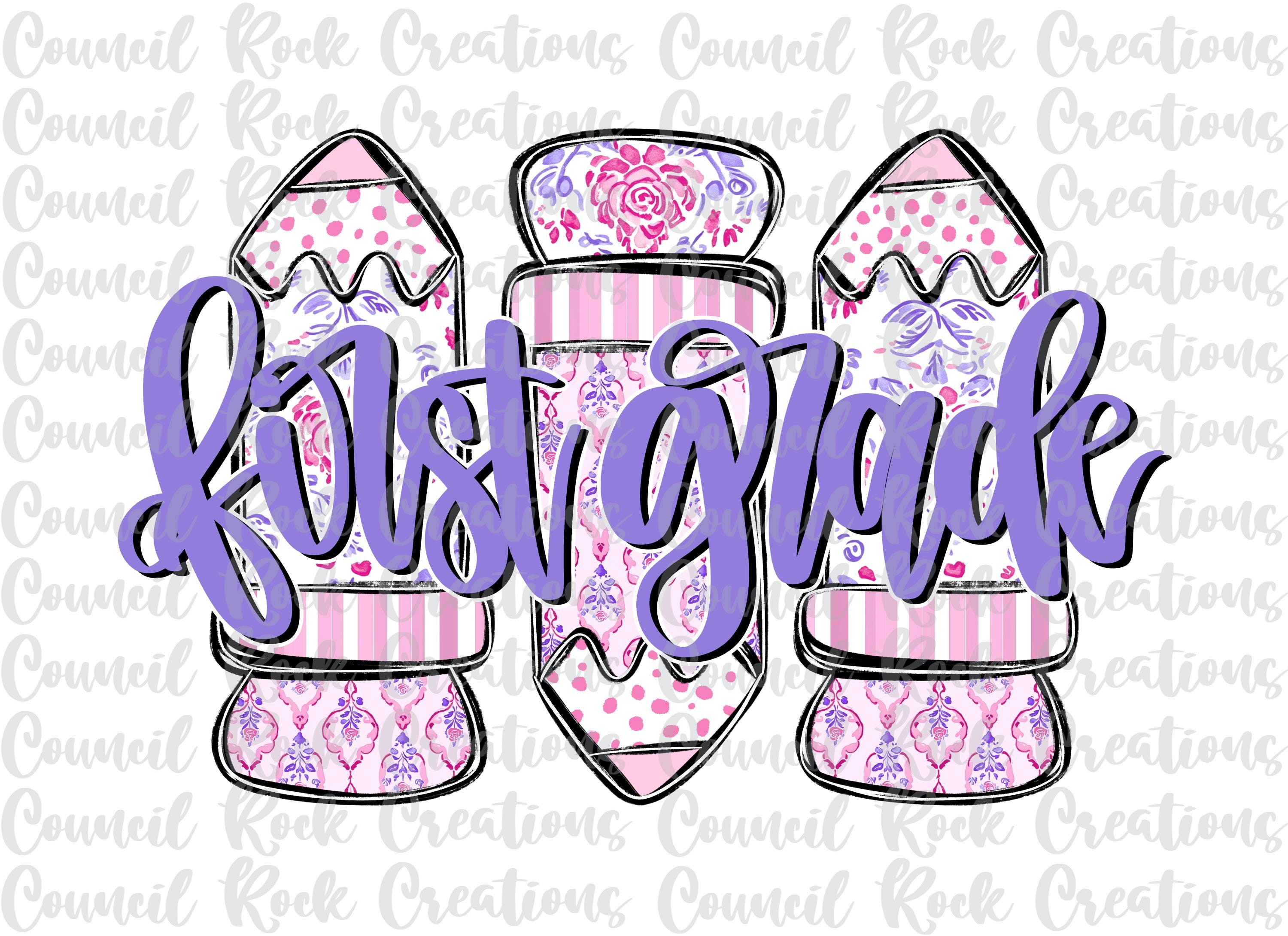 First Grade Pencils PNG, Pink and Purple Flowers, Purple Hand Lettered ...