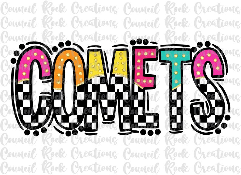 Comets Png, Checkered, Bright Doodle Letters, Glitter Gold Dots, Mascot ...