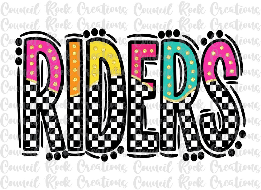 Riders Png, Checkered, Bright Doodle Letters, Glitter Gold Dots, Mascot ...
