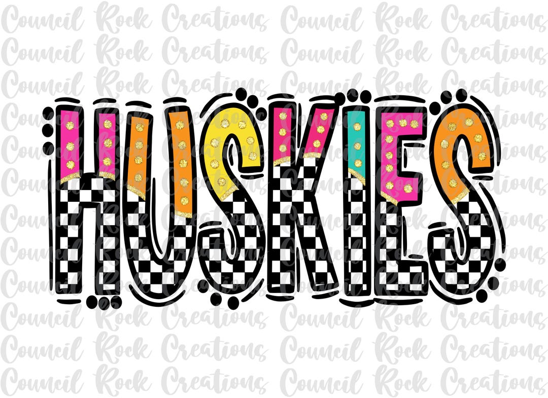 Huskies Png, Checkered, Bright Doodle Letters, Glitter Gold Dots ...