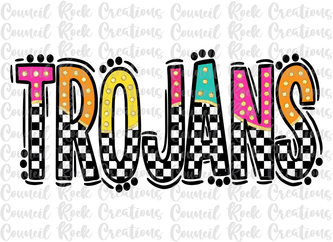 Trojans Png, Checkered, Bright Doodle Letters, Glitter Gold Dots ...
