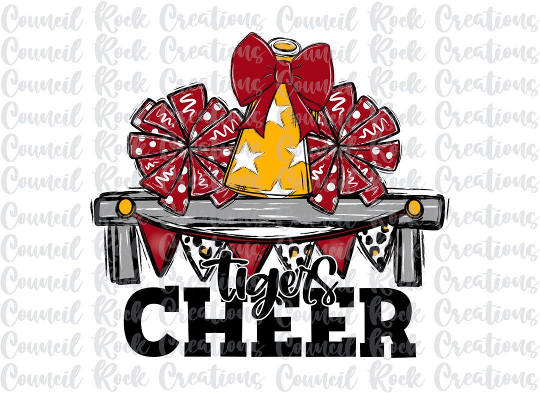 Tigers Cheer PNG, Megaphone Pom Pom on Bench, Banner, Bow, Cheetah ...