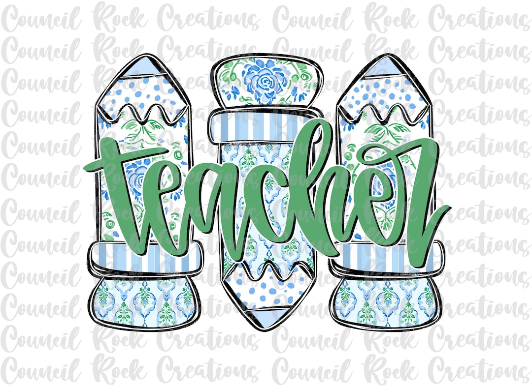 Teacher Pencils PNG, Blue Flowers, Green Hand Lettered, School, Digital ...