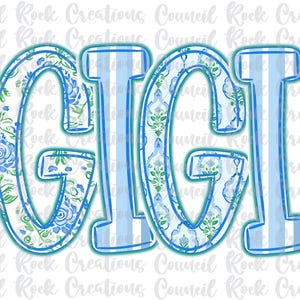 Gigi Png, Blue Floral, Stripes, Hand Lettered, Mothers Day, Digital ...