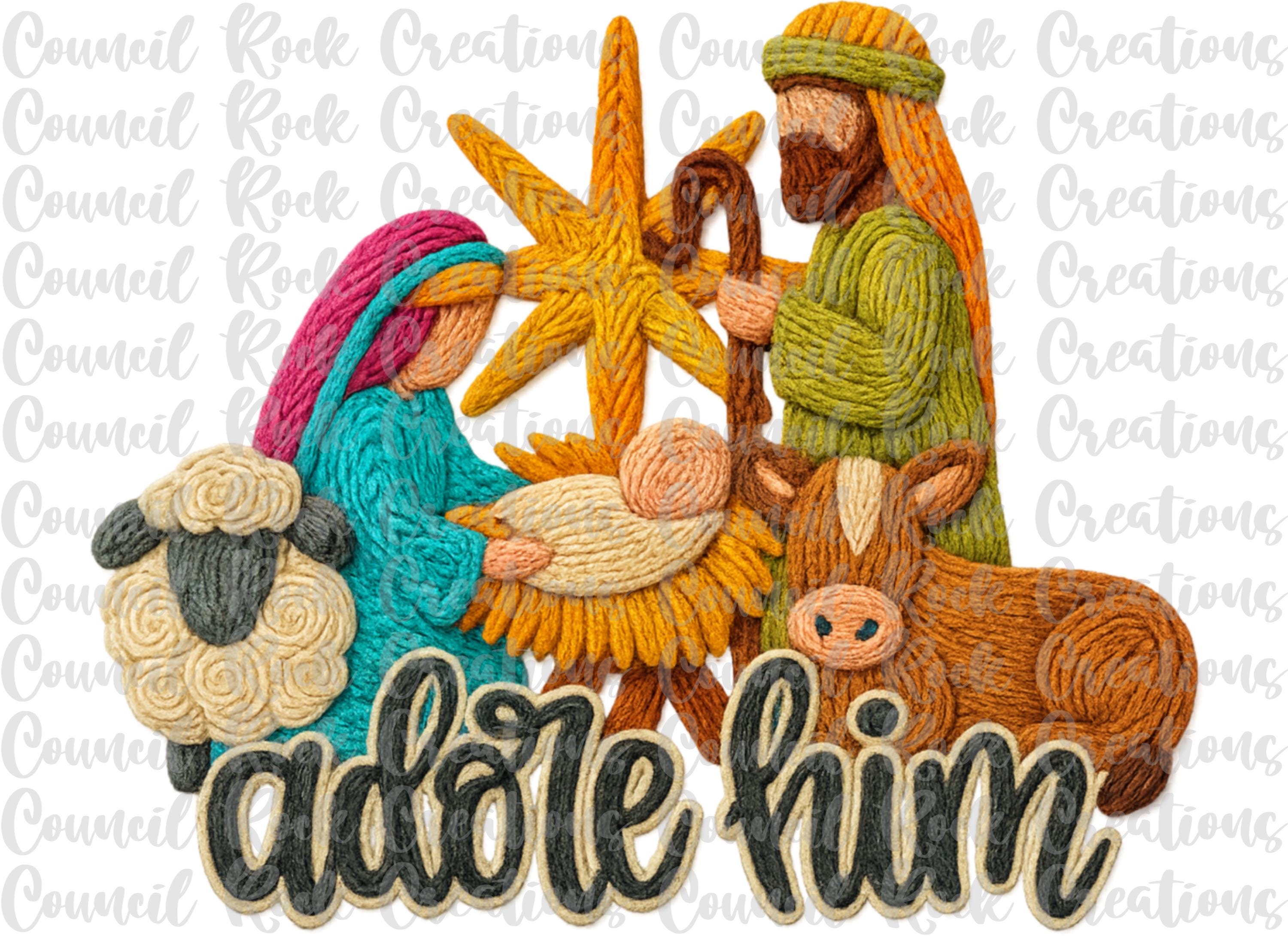 Adore Him PNG, Nativity, Cow, Lamb, Star, Faux Yarn, Hand Lettered ...