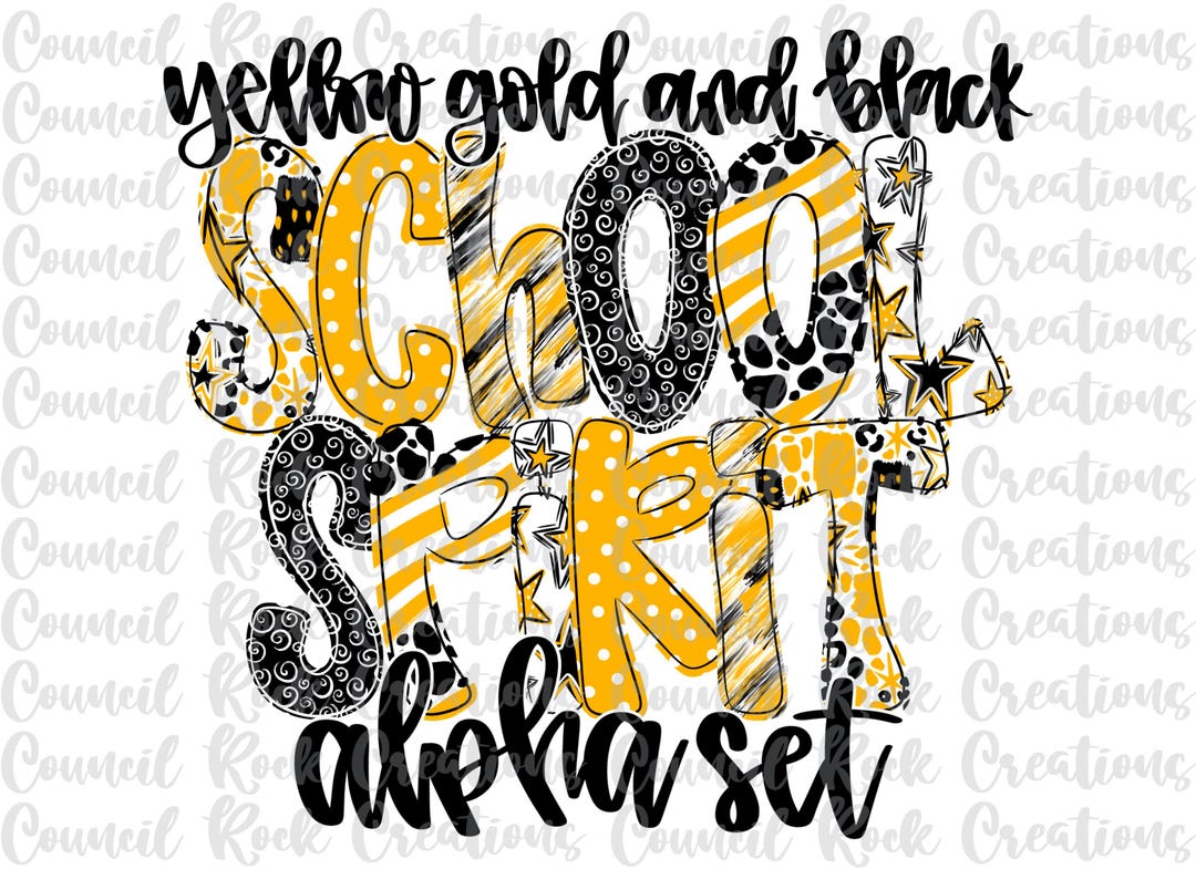 School Spirit Alpha Set PNG, Yellow Gold and Black, Doodle Letters ...