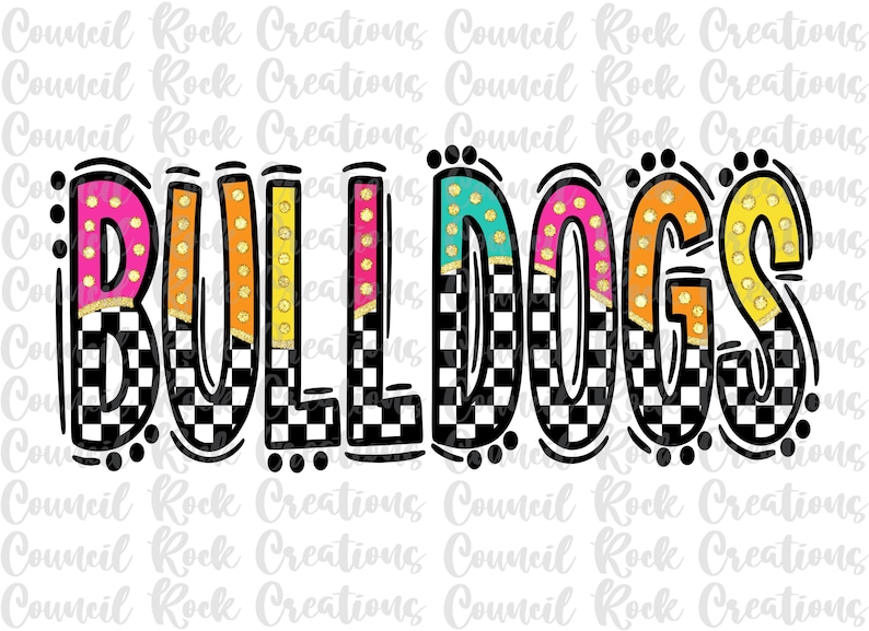 Bulldogs Png, Checkered, Bright Doodle Letters, Glitter Gold Dots ...