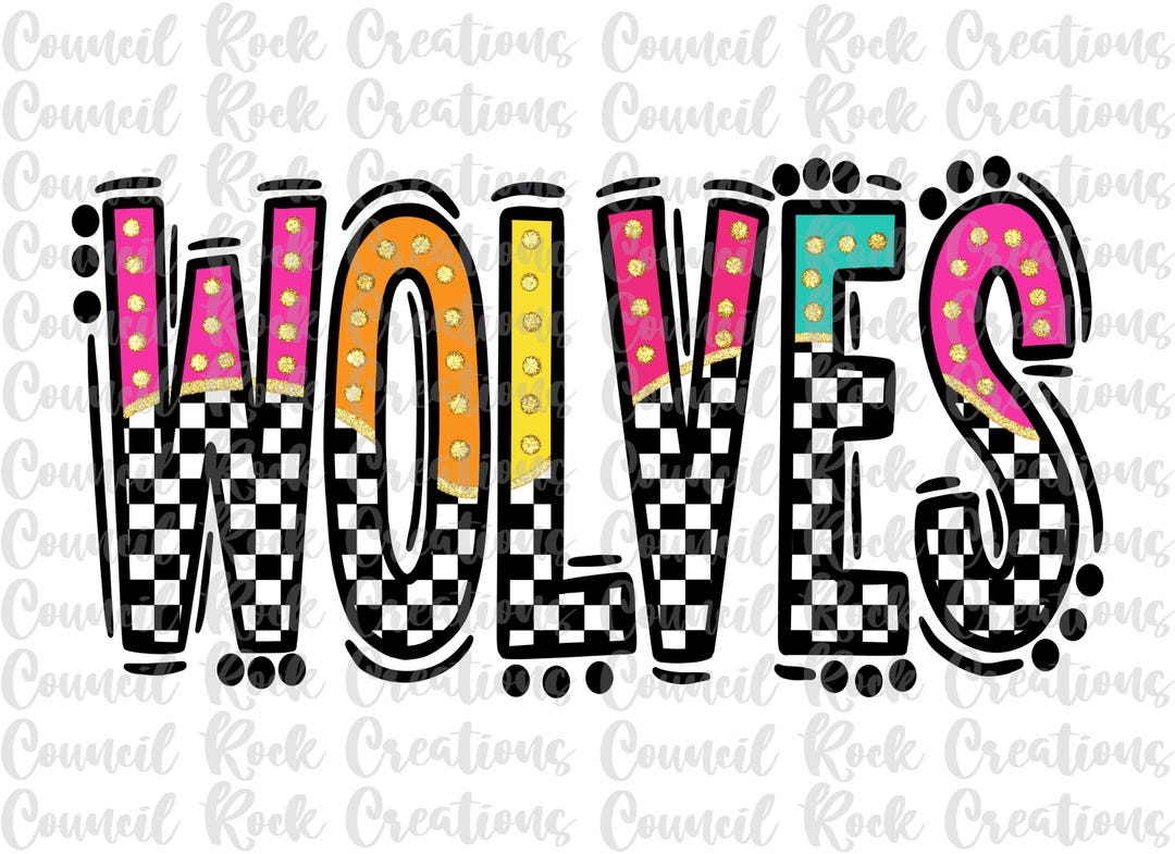 Wolves Png, Checkered, Bright Doodle Letters, Glitter Gold Dots, Mascot ...