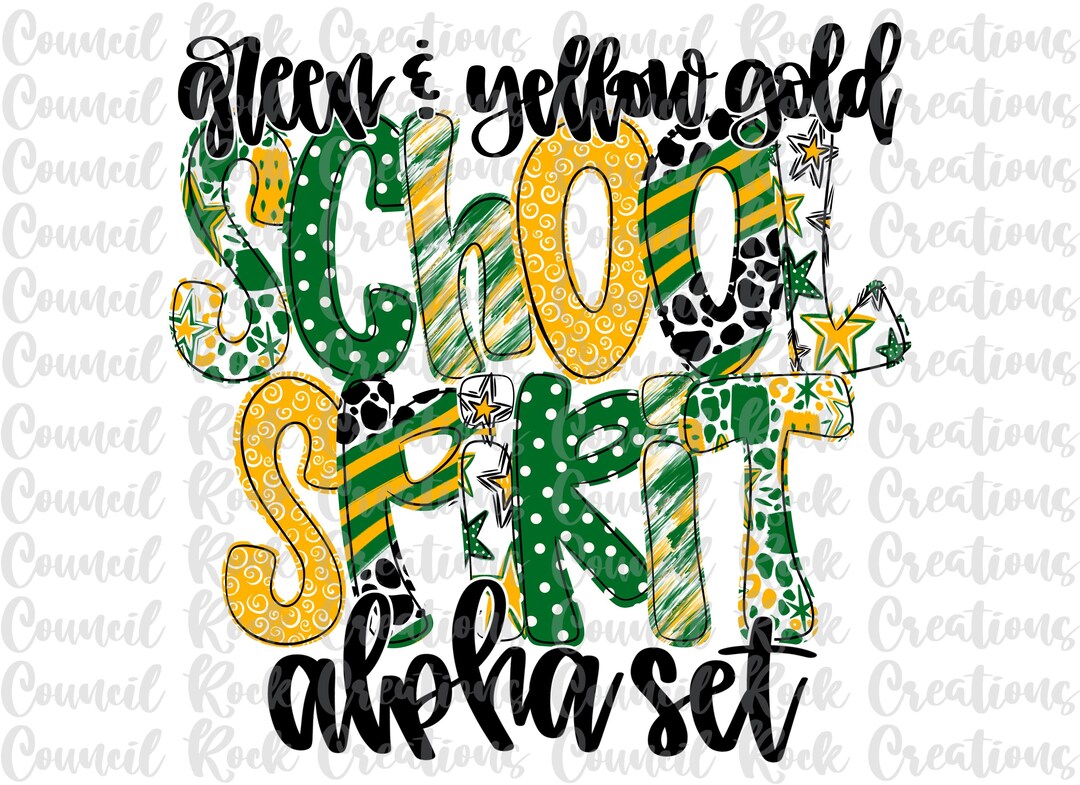 School Spirit Alpha Set PNG, Green and Yellow Gold, Doodle Letters ...