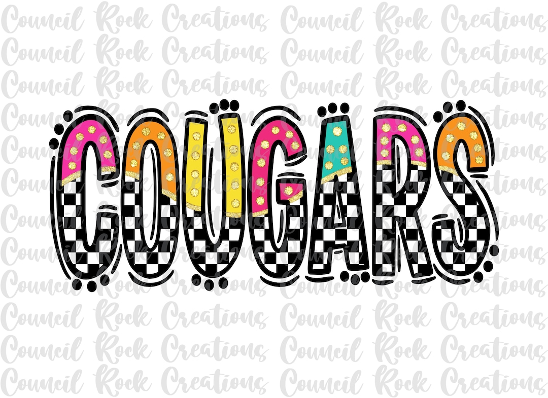 Cougars Png, Checkered, Bright Doodle Letters, Glitter Gold Dots ...