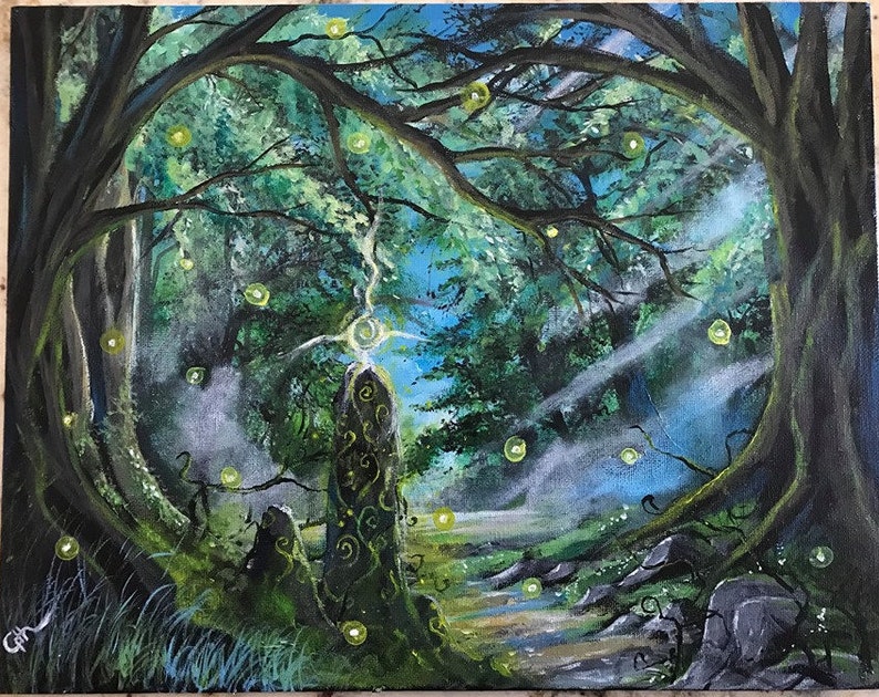 Original art trees firefly fey forest wall art fine art | Etsy