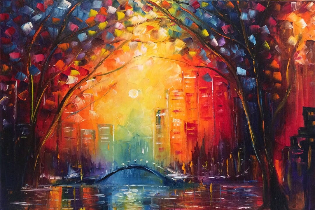 Sunset - City - Wall Art , Trees Autumn, Abstract Oil Painting Print ...