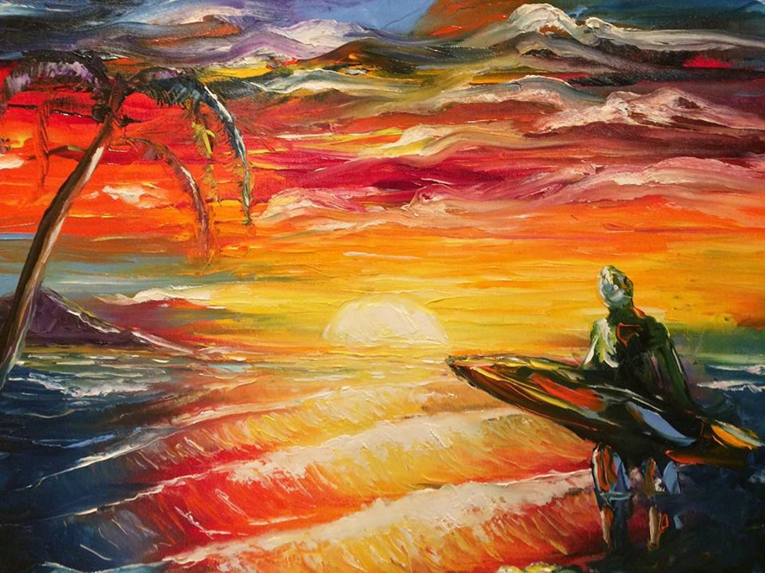Ocean - Surf - Surfer - Sunset - "surf at Sunset" Oil Painting by U.S ...