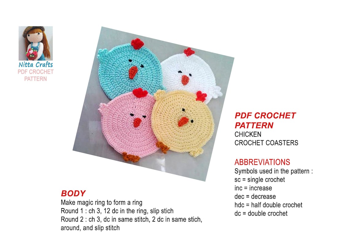 Crochet Chicken Coasters, PDF Pattern, Diy Crochet Coaster Pattern - Etsy