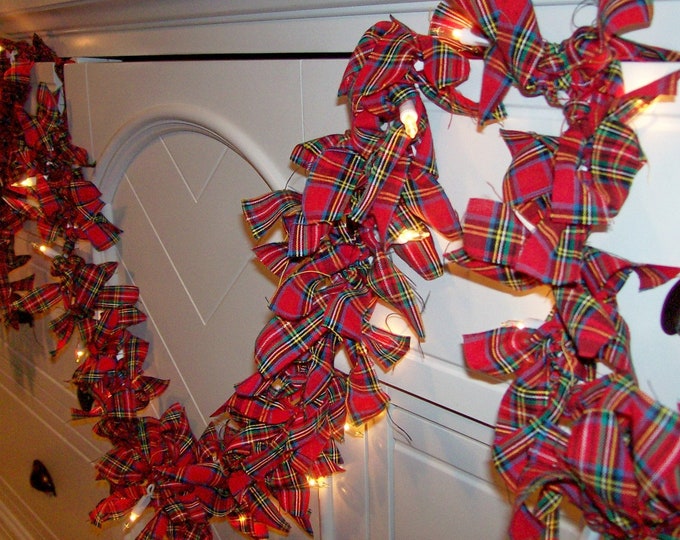 Rag Garland Lighted 6 Ft. With 20 Lights on 8 Ft Tartan Plaid Fabric ...