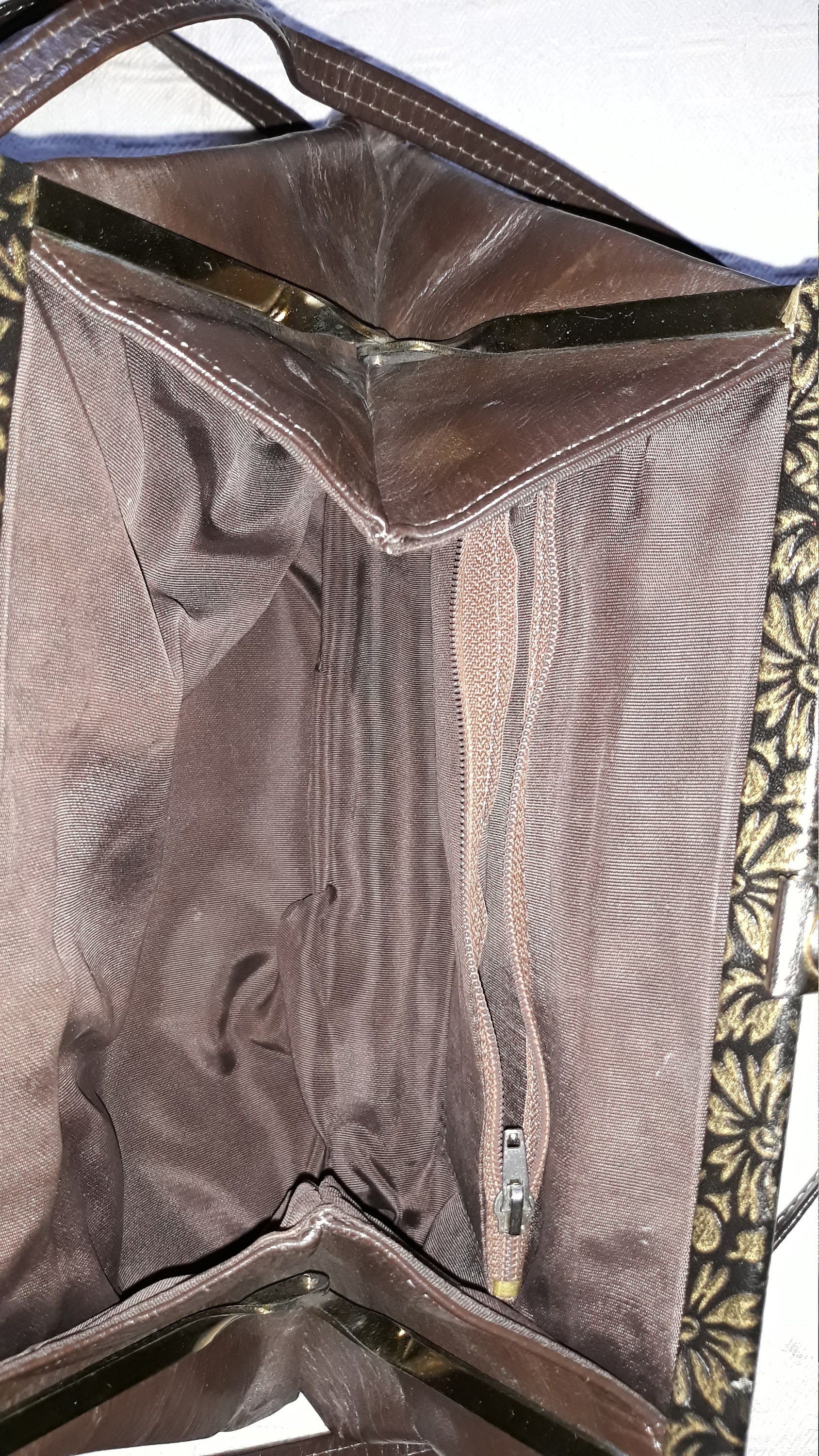 Vintage Shoulder Bag 80s Purse Choco Brown Floral Vegan Leather Handbag ...