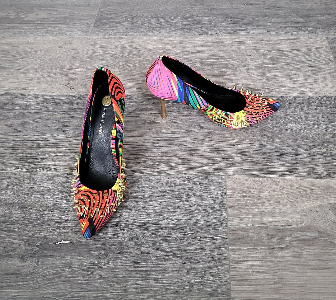 Colorful Stiletto Heel Women Cloth Pumps / Gold Heels Studded Shoes ...