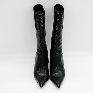 Leather Lace up Mid Calf Boots in Black Victorian Inspired Pointy Toe ...