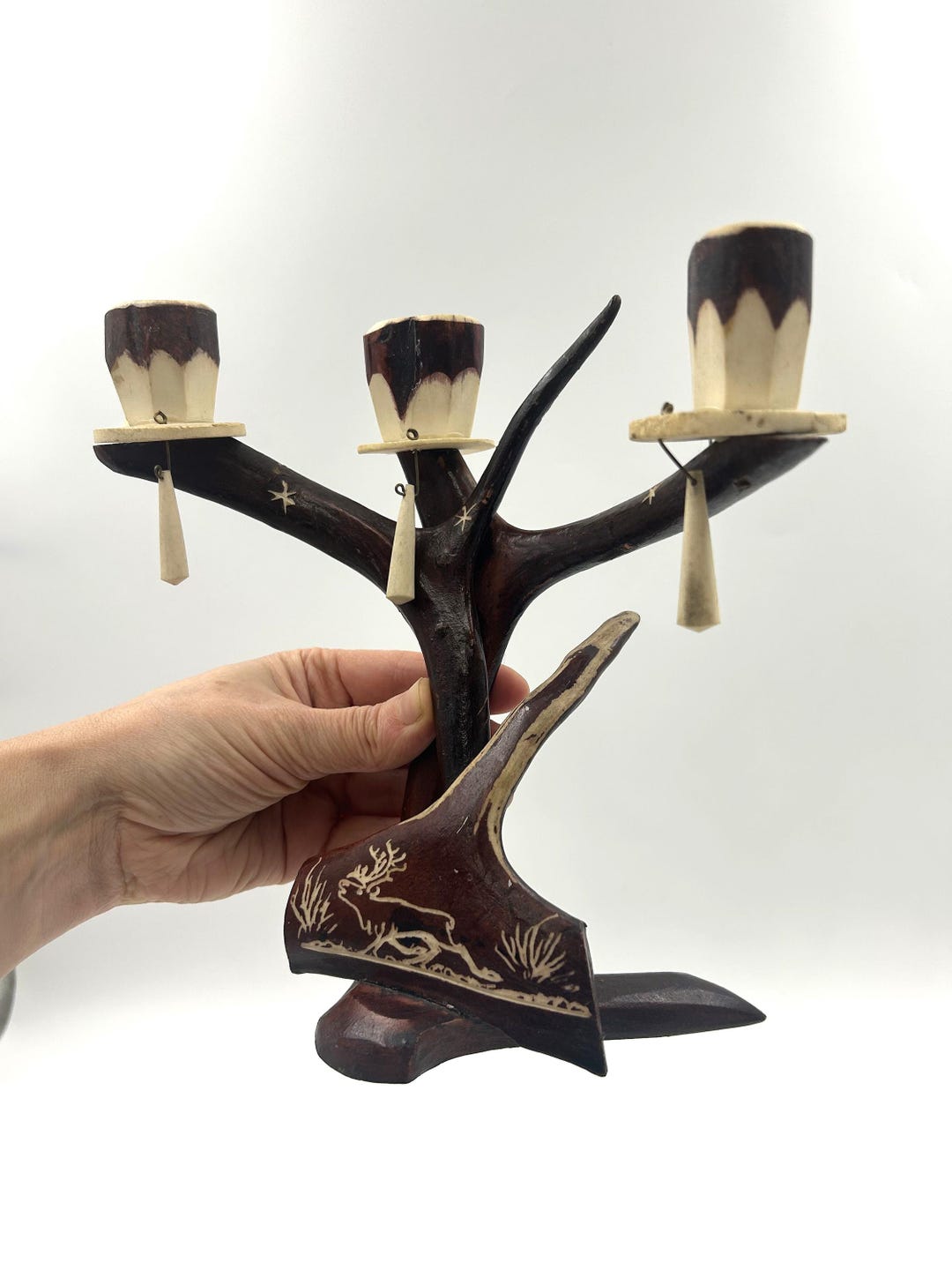 Vintage Brown Antler Wooden Candle Holder for 3 Candles, Sami Horn ...