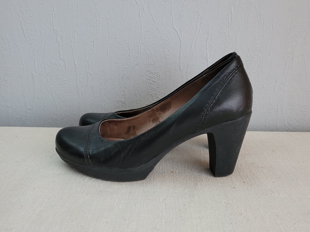Vintage Leather Pumps in Black | Round Toe High Heels Platform Shoes ...