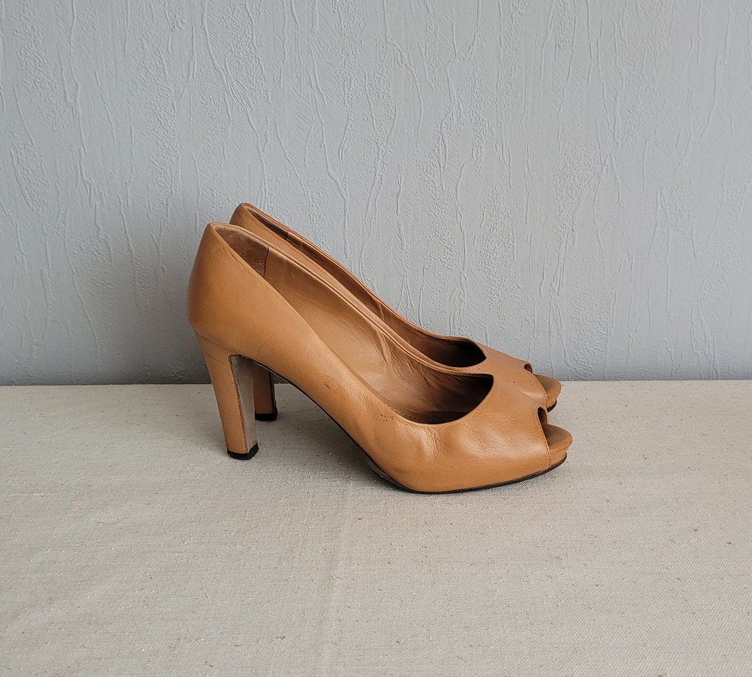 Vintage Tan Brown Leather Open Peep Toe Pumps High Heel Women Shoes ...