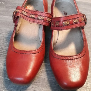 Vintage Women Red Leather Wedge Strap Shoes European German 4 UK Size ...